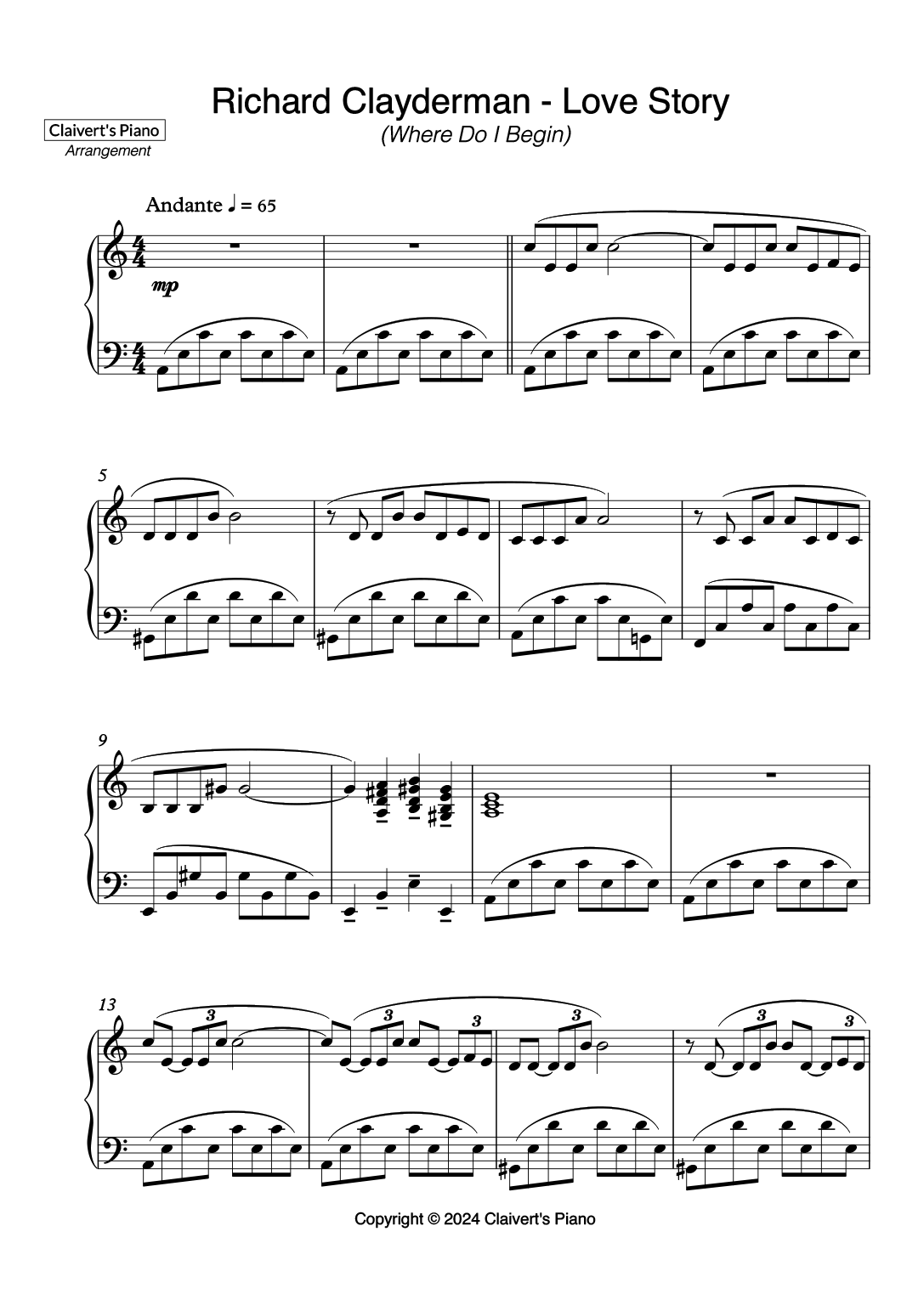 Richard Clayderman - Love Story (Where do I Begin) - Claivert's Piano x ...